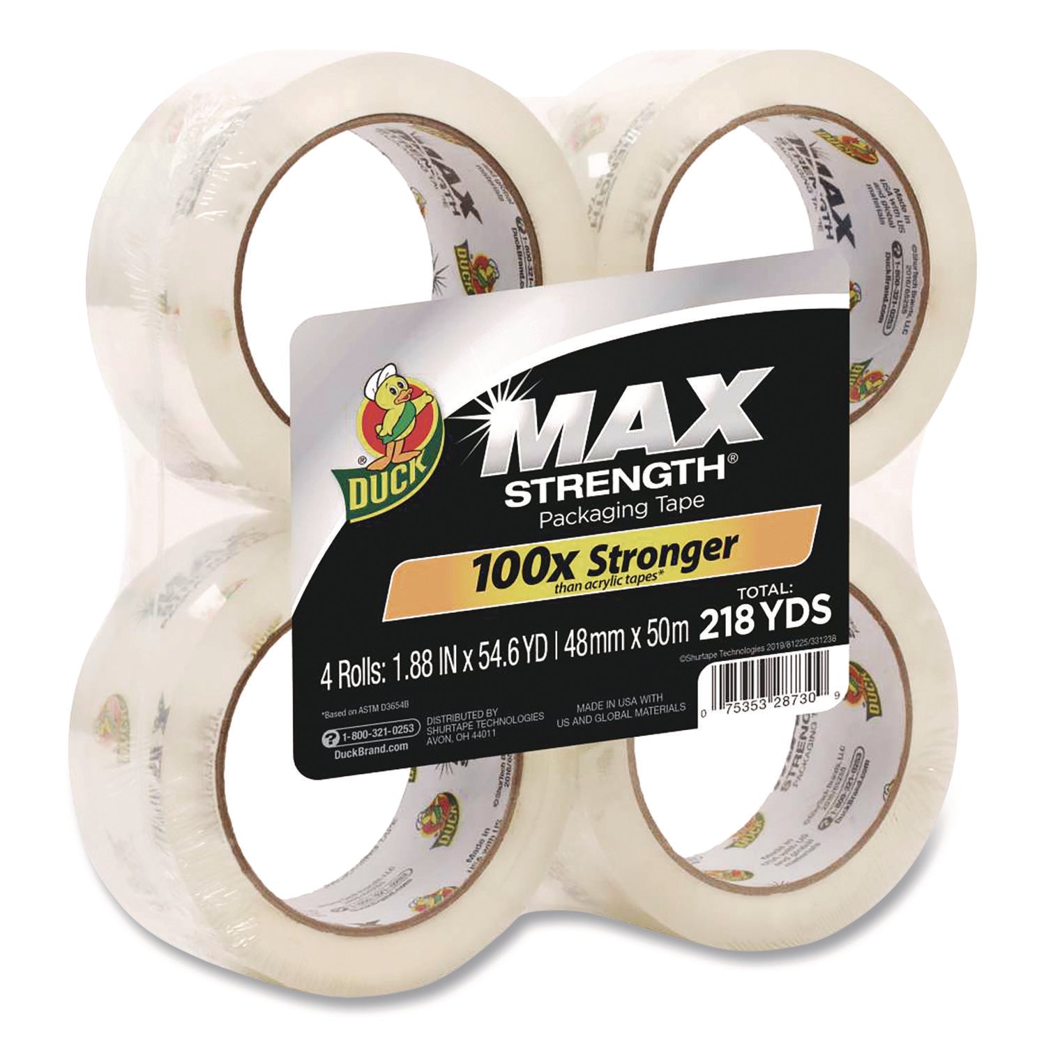 Duck® Max Packing Tape, 3" Core, 1.88" x 54.6 yds, Crystal Clear, 4 Ro ...