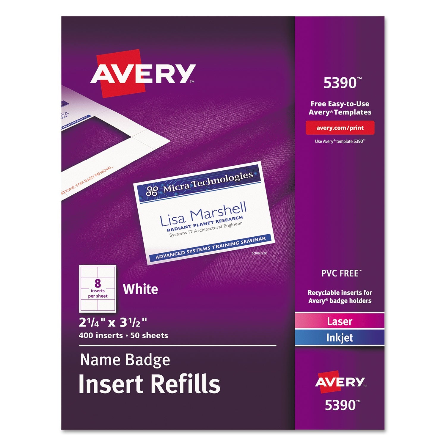 Avery® Name Badge Insert Refills, Horizontal/Vertical, 2 1/4 x 3 1/2 ...