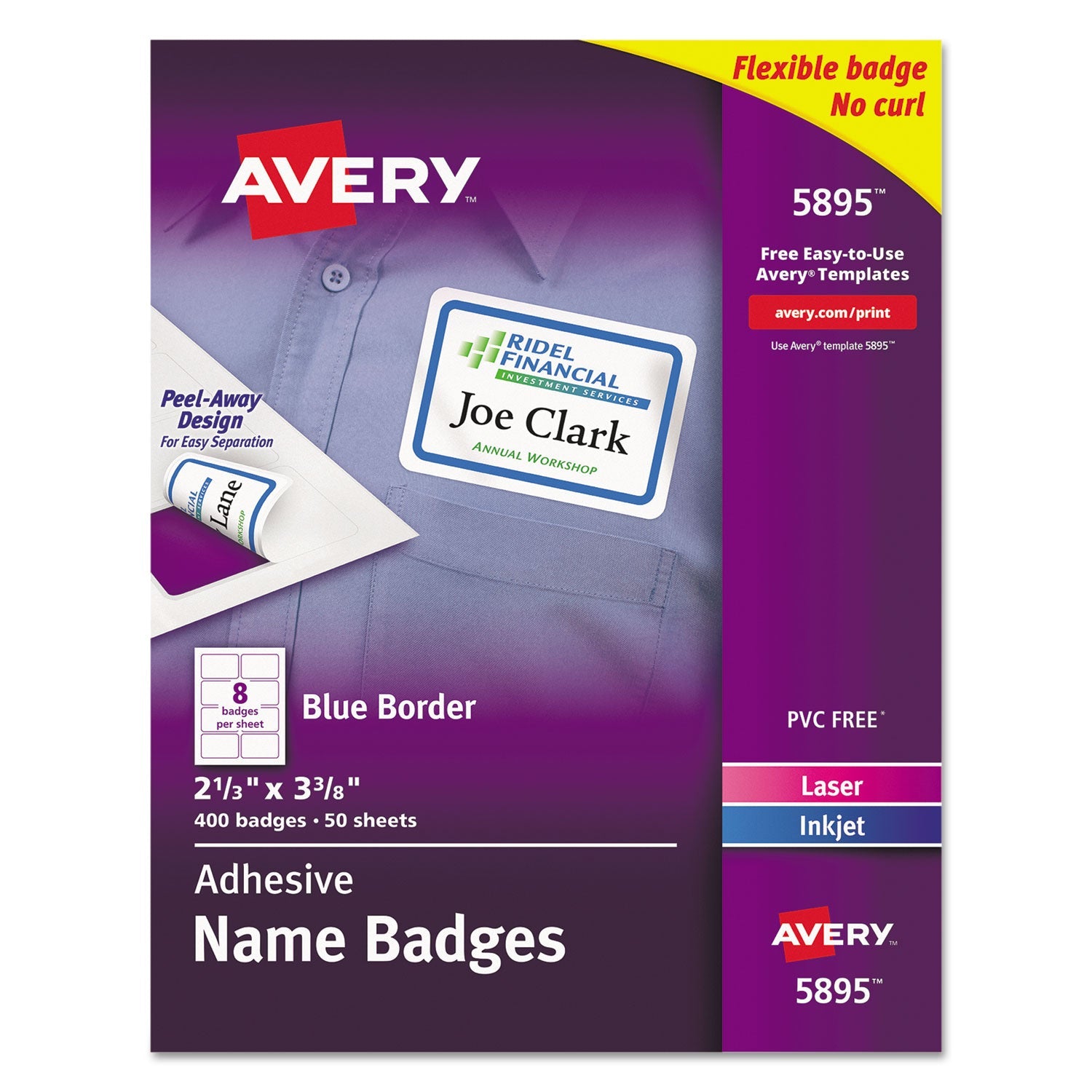 Avery® Flexible Adhesive Name Badge Labels, 3.38 x 2.33, White/Blue Bo ...