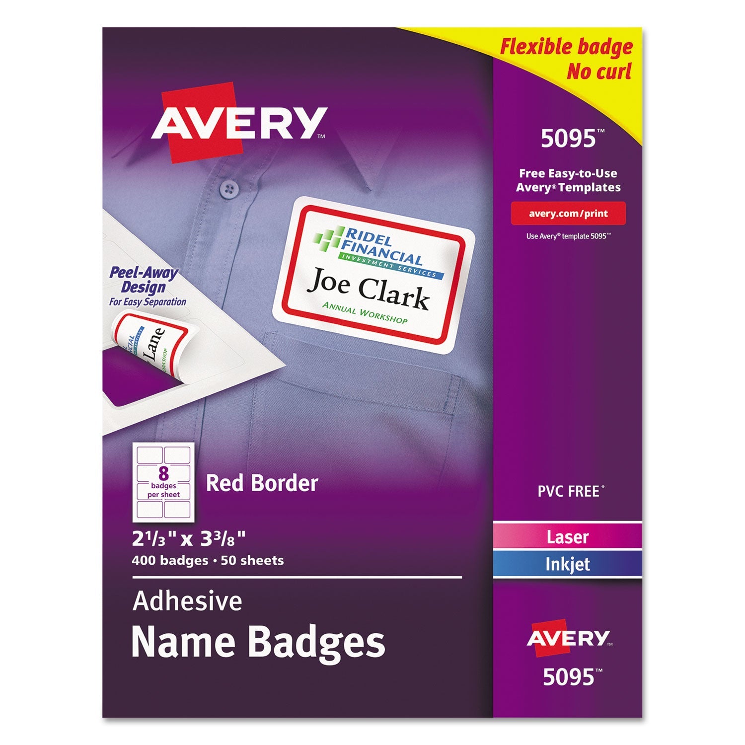 Avery® Flexible Adhesive Name Badge Labels, 3.38 x 2.33, White/Red Bor ...