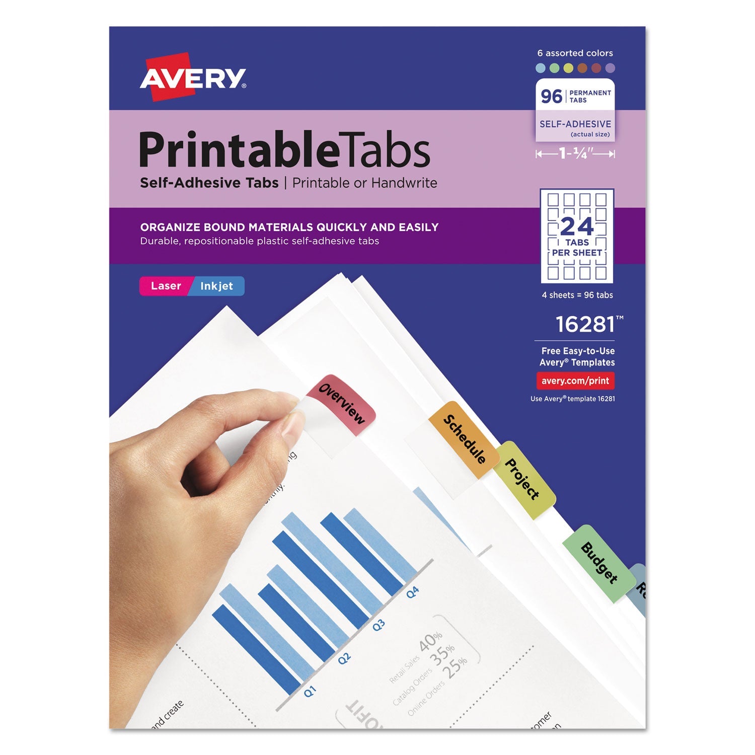Avery® Printable Plastic Tabs with Repositionable Adhesive, 1/5-Cut, A ...