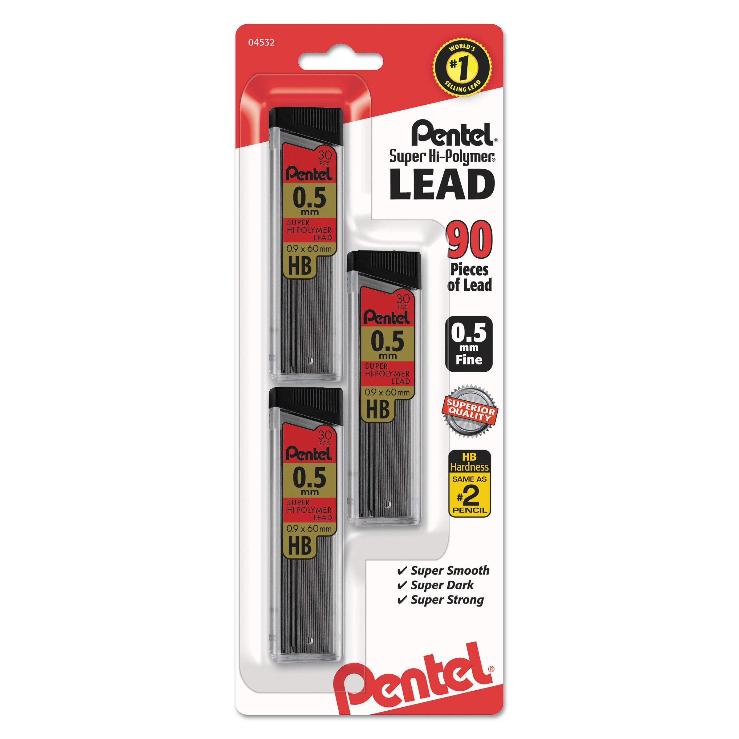 Pentel® Super Hi-Polymer Lead Refills, 0.5 mm, HB, Black, 30/Tube, 3 T ...