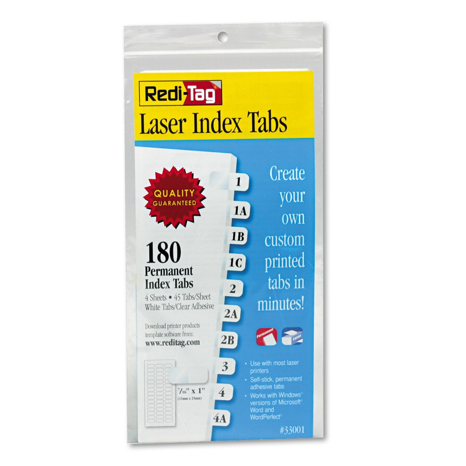Redi-Tag® Laser Printable Index Tabs, 1/12-Cut, White, 0.44" Wide, 180 ...