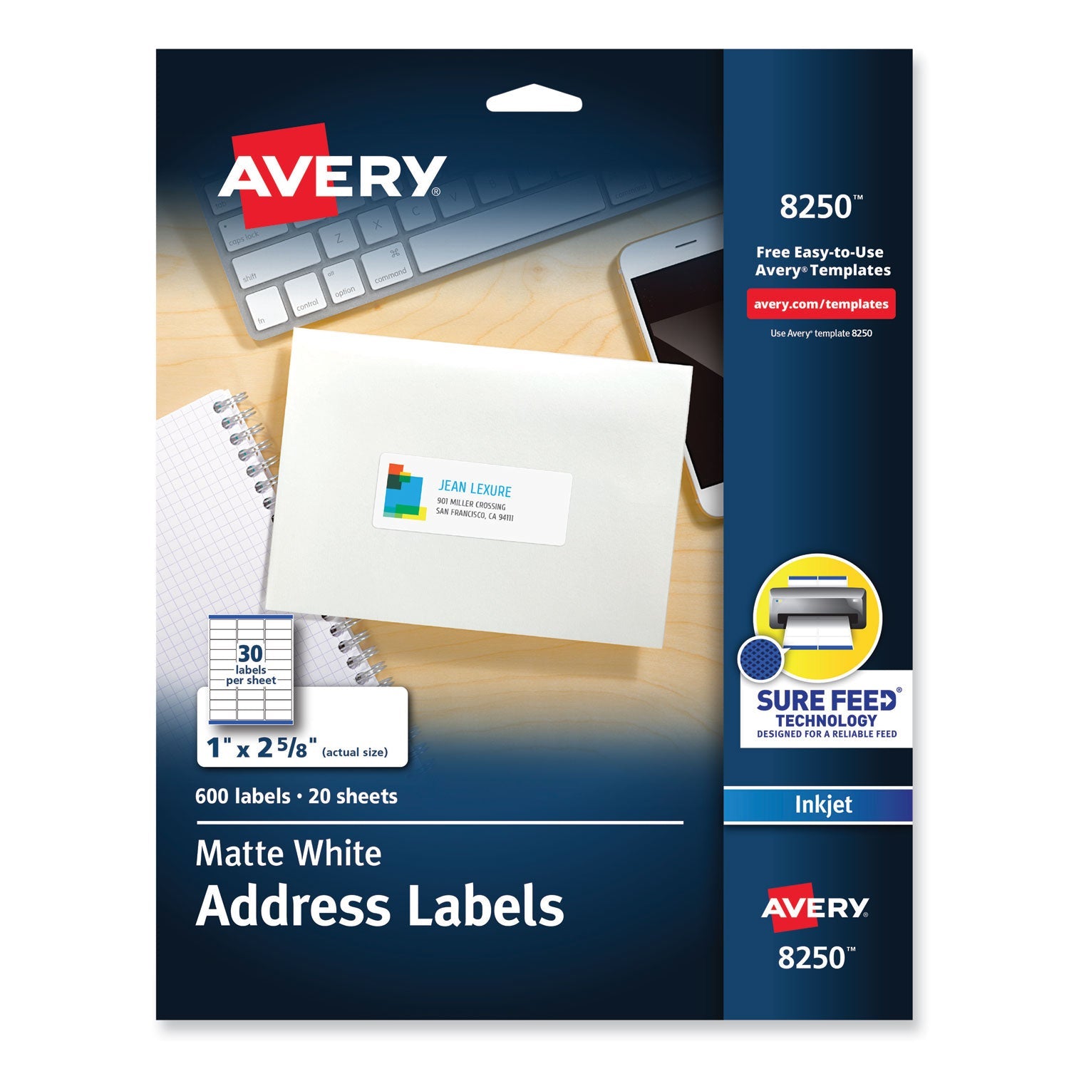 Avery® Vibrant Inkjet Color-Print Labels w/ Sure Feed, 1 x 2.63, Matte ...